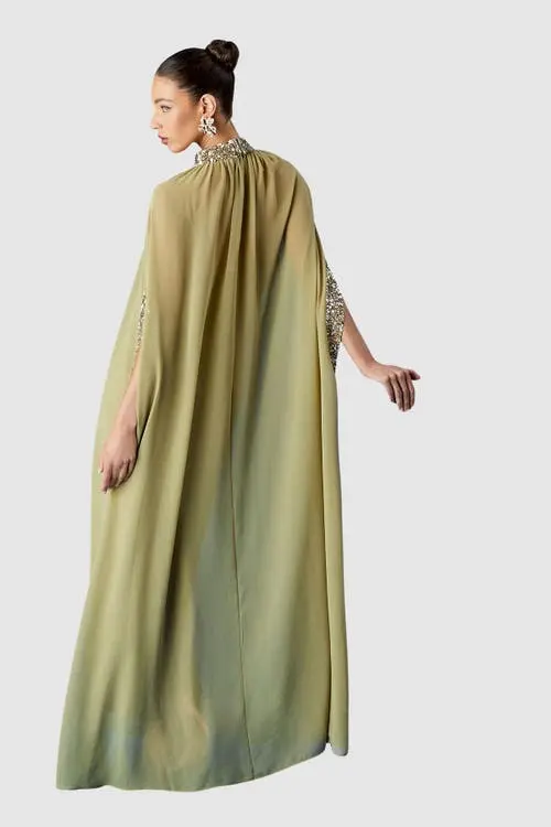 Coast Muse Chiffon Cape Dress With Embellished High Neckline - Chartreuse