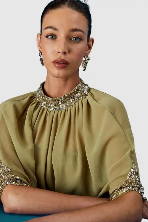Coast Muse Chiffon Cape Dress With Embellished High Neckline - Chartreuse