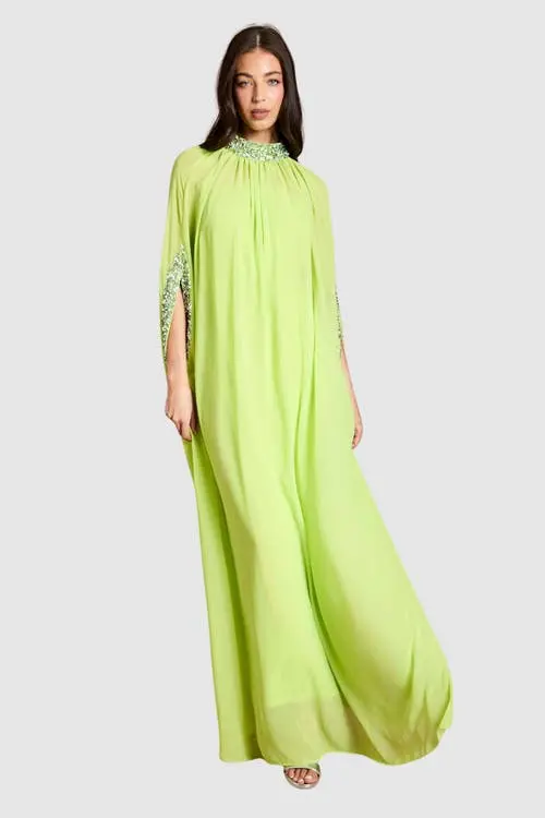 Coast Muse Chiffon Cape Dress With Embellished High Neckline - Lime