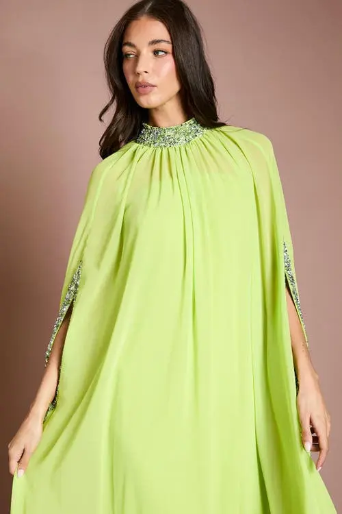 Coast Muse Chiffon Cape Dress With Embellished High Neckline