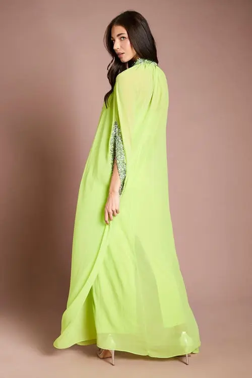 Coast Muse Chiffon Cape Dress With Embellished High Neckline