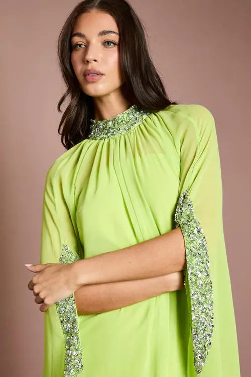 Coast Muse Chiffon Cape Dress With Embellished High Neckline