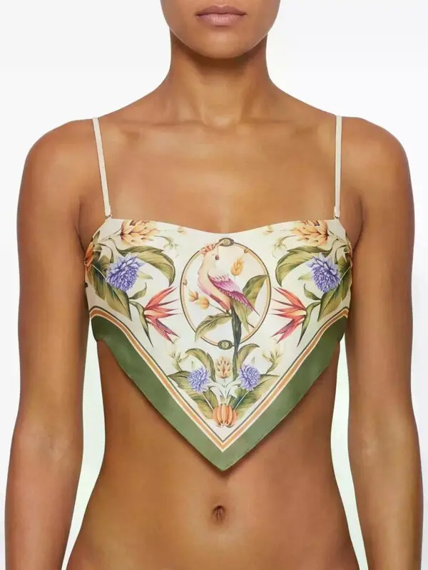 Farm Rio Strelitzia Floral-print Handkerchief-hem Bikini Top - Neutrals