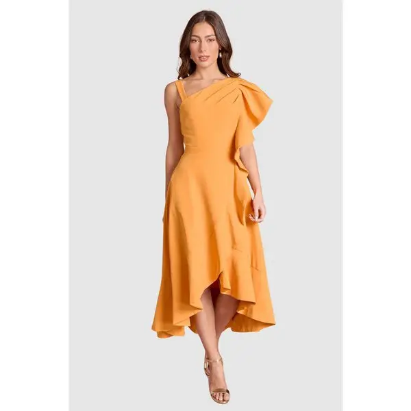 Coast One-shoulder Crepe Ruffle Midi Dress - Orange