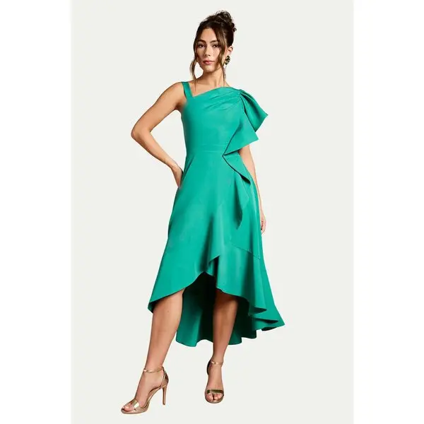 Coast One Shoulder Crepe Ruffle Midi Dress - Teal