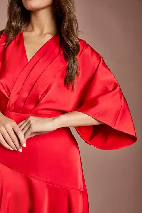 Coast Satin Back Crepe Ruffle Wrap Midi Dress - Flame Red