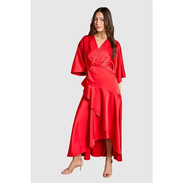 Coast Satin Back Crepe Ruffle Wrap Midi Dress - Flame Red