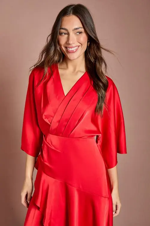 Coast Satin Back Crepe Ruffle Wrap Midi Dress - Flame Red