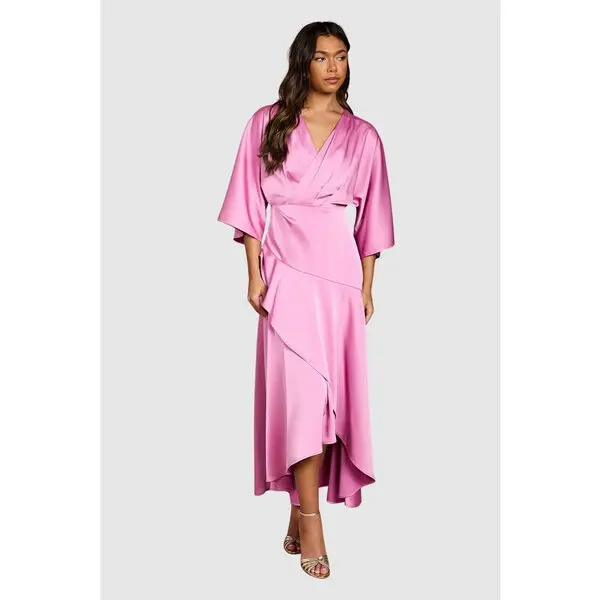 Coast Satin Back Crepe Ruffle Wrap Midi Dress - Pink