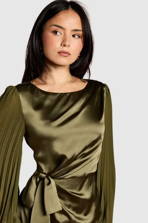 Coast Petite Satin Pleated Flare Sleeve Wrap Mini Dress