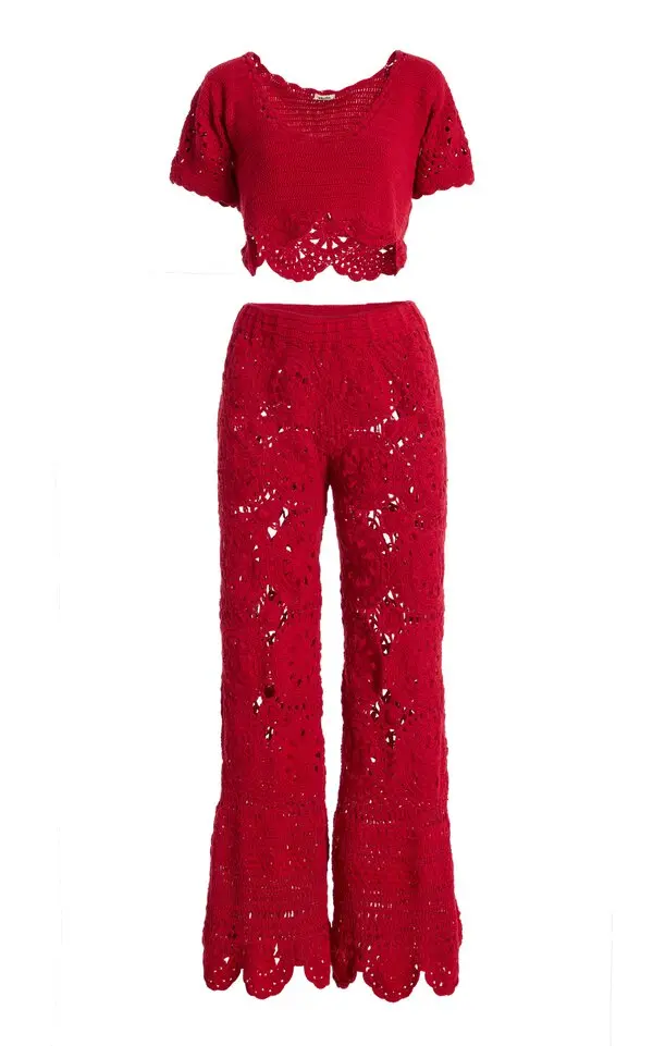 Akoia Swim Crocheted Cotton Pant Set - Red