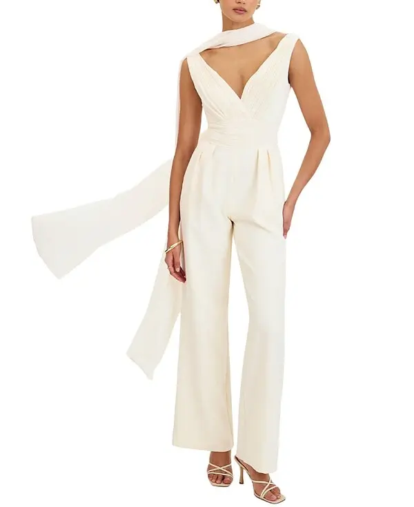 MISS CIRCLE Harper Ruched V-neck Jumpsuit With Scarf - Ivory