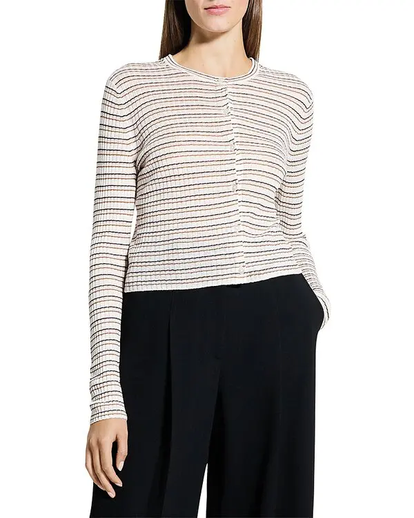 Theory Cropped Striped Cardigan - Bone Pink Multi