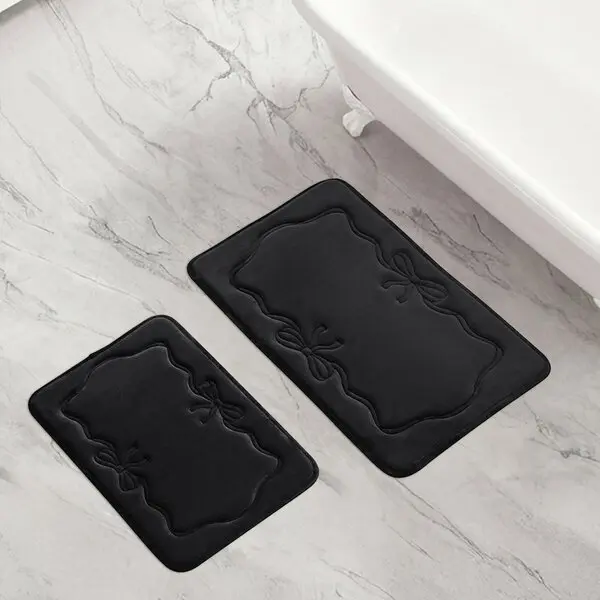 Juicy Couture Quilted Memory Foam Bath Mat 2-piece Set - Ribbon Border Black