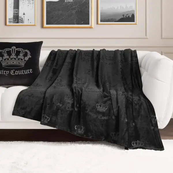 Juicy Couture Embossed Plush Throw Blanket - Classic Regal Crown Black