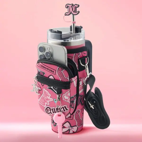 Juicy Couture Jetsetter 30oz Stainless Steel Travel Tumbler With Crossbody Pouch - Hot Pink Collage