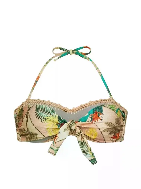 DEL MAAR Tropical-print Crochet-knit Bikini Top - Neutrals
