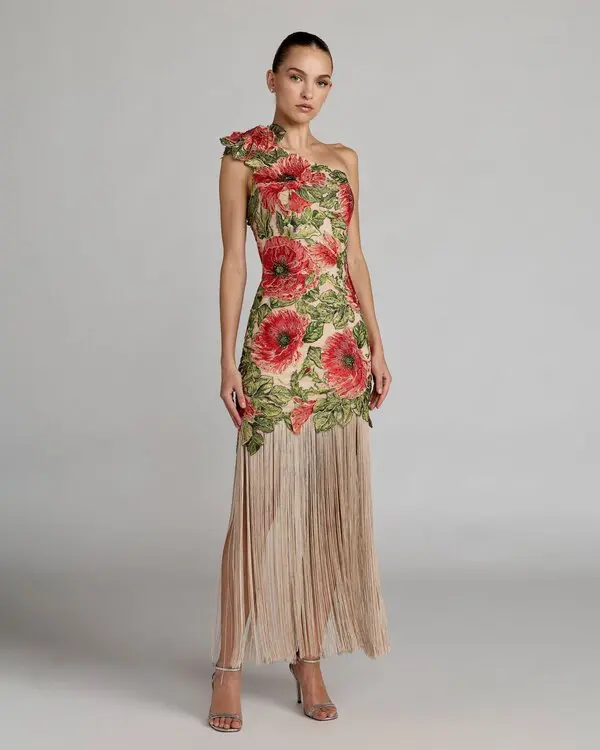 Mac Duggal Embroidered One-shoulder Gown With Fringe Hem - Nude Multi