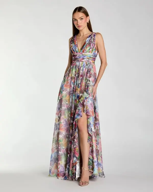 Mac Duggal Floral Chiffon Gown With Ruffle Slit