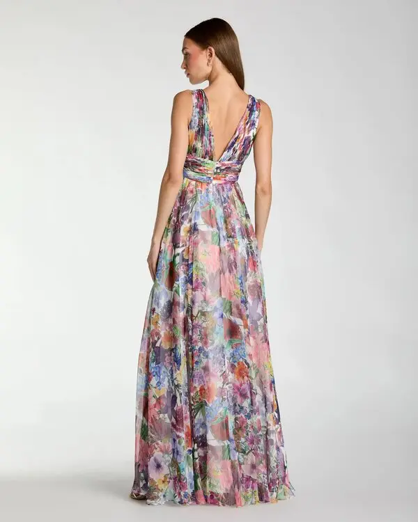 Mac Duggal Floral Chiffon Gown With Ruffle Slit