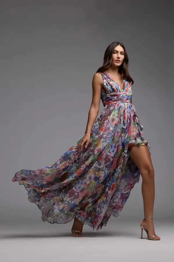 Mac Duggal Floral Chiffon Gown With Ruffle Slit