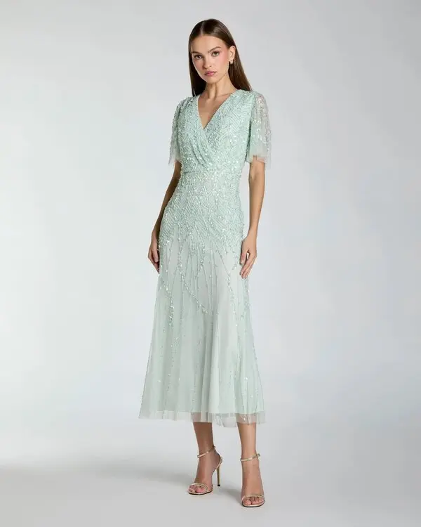 Mac Duggal Beaded Butterfly Sleeve Wrap Dress
