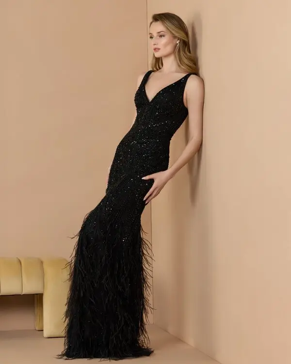 MAC DUGGAL COLLECTION Embellished V-neck Gown With Feather Hem - Black