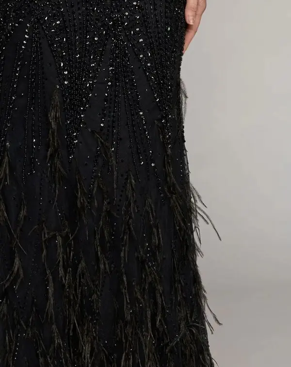 MAC DUGGAL COLLECTION Embellished V-neck Gown With Feather Hem