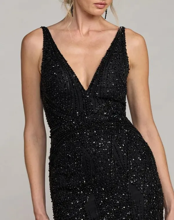 MAC DUGGAL COLLECTION Embellished V-neck Gown With Feather Hem