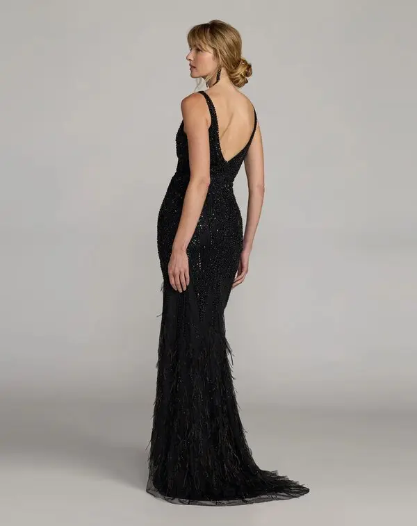 MAC DUGGAL COLLECTION Embellished V-neck Gown With Feather Hem