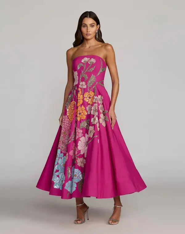 Mac Duggal Embellished Floral Strapless Midi Dress