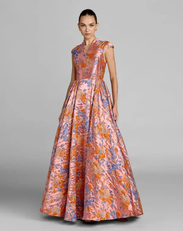 Mac Duggal Brocade Cap-sleeve Ball Gown - Pink Multi