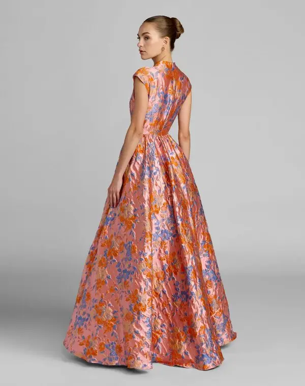 Mac Duggal Brocade Cap-sleeve Ball Gown - Pink Multi