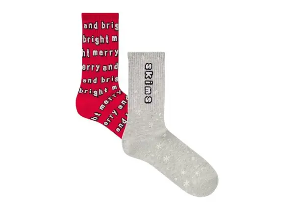 SKIMS X Cactus Plant Flea Market Ribbed Crew Socks - Light Heather Grey/red