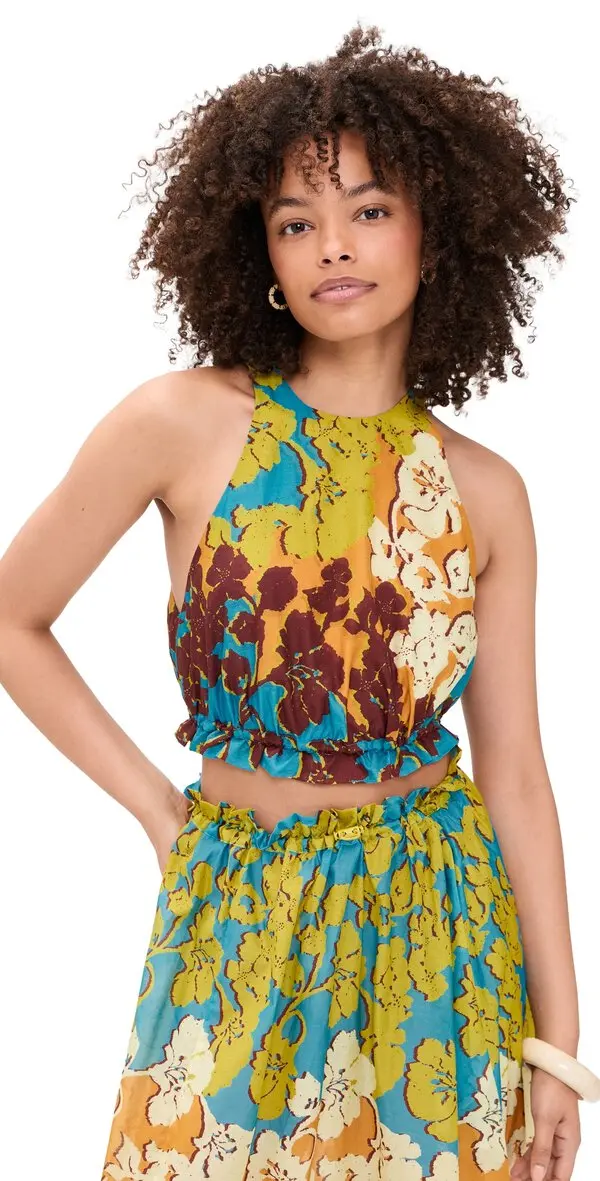 ALEMAIS Floral Print Halter Neck Sleeveless Crop Top With Elasticated Hem