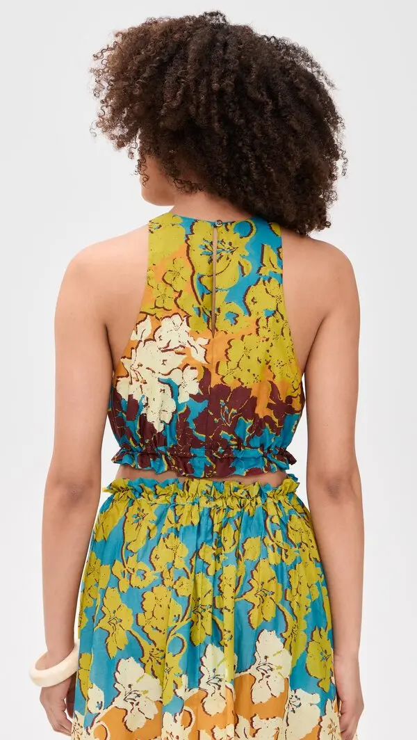 ALEMAIS Floral Print Halter Neck Sleeveless Crop Top With Elasticated Hem
