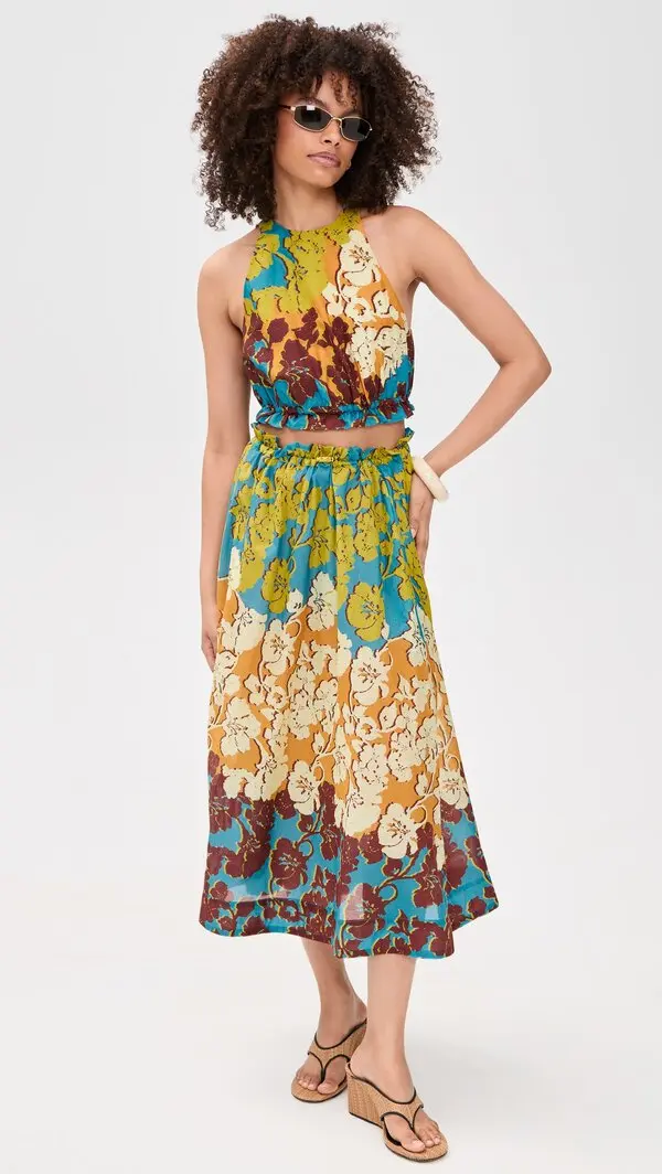 ALEMAIS Floral Print Halter Neck Sleeveless Crop Top With Elasticated Hem