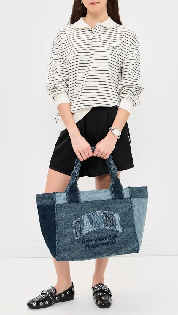 GANNI Medium Trapeze Shopper Denim Tote - Mid Blue Vintage