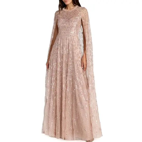 Mac Duggal Embellished Mesh Column Gown With Cape Sleeves - Rose