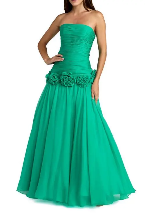 Mac Duggal Strapless Chiffon Floral Applique Ball Gown - Spring Green