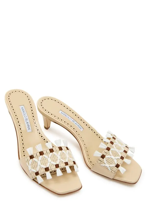 Manolo Blahnik Embellished Leather Mules - Beige