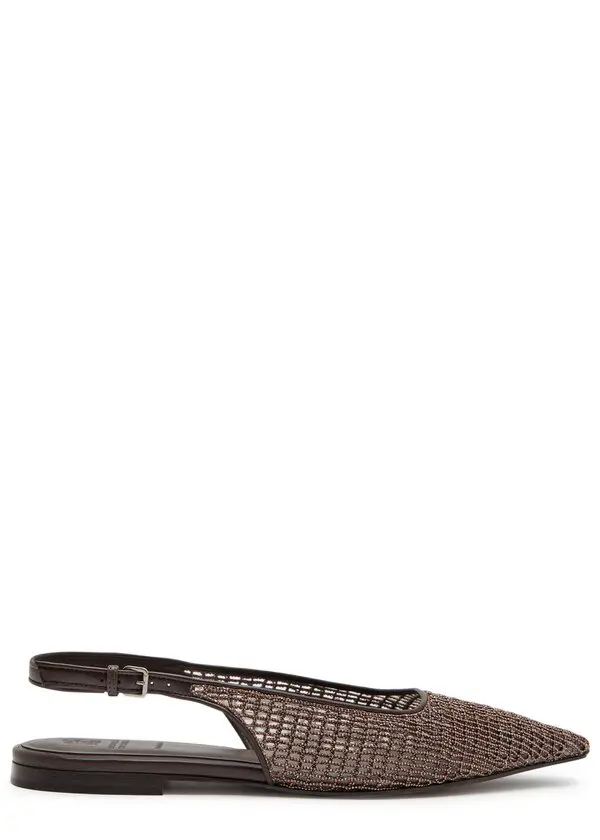 Brunello Cucinelli Leather Slingback Flats With Bead Embellishments