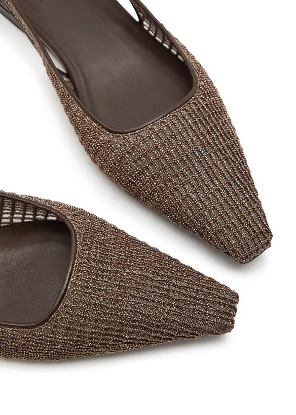 Brunello Cucinelli Leather Slingback Flats With Bead Embellishments