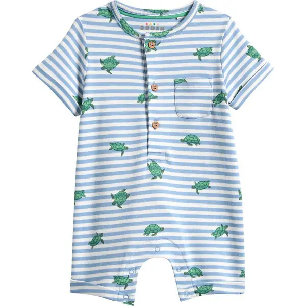 Boden Stripe Cotton Jersey Romper - Blue Stripe Baby Turtles