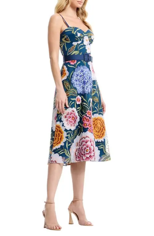 Dress The Population Carlita Belted Floral Embroidered Midi Cocktail Dress