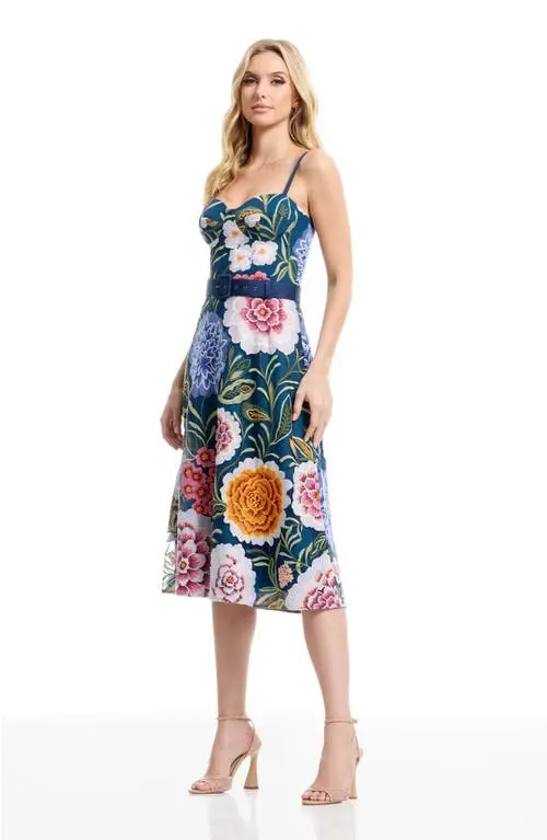 Dress The Population Carlita Belted Floral Embroidered Midi Cocktail Dress
