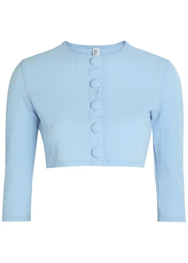 Lisa Marie Fernandez Textured Seersucker Cropped Swim Cardigan - Light Blue