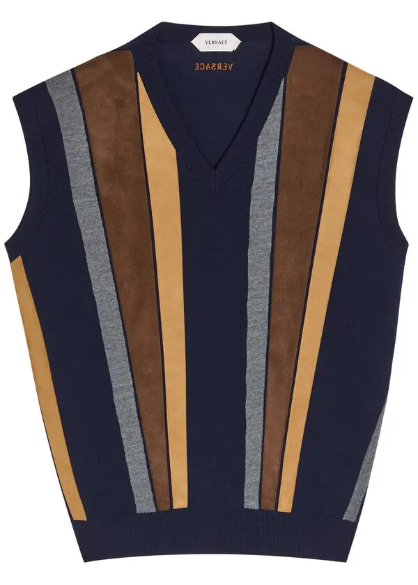 Versace Patchwork Wool And Leather Vest - Navy