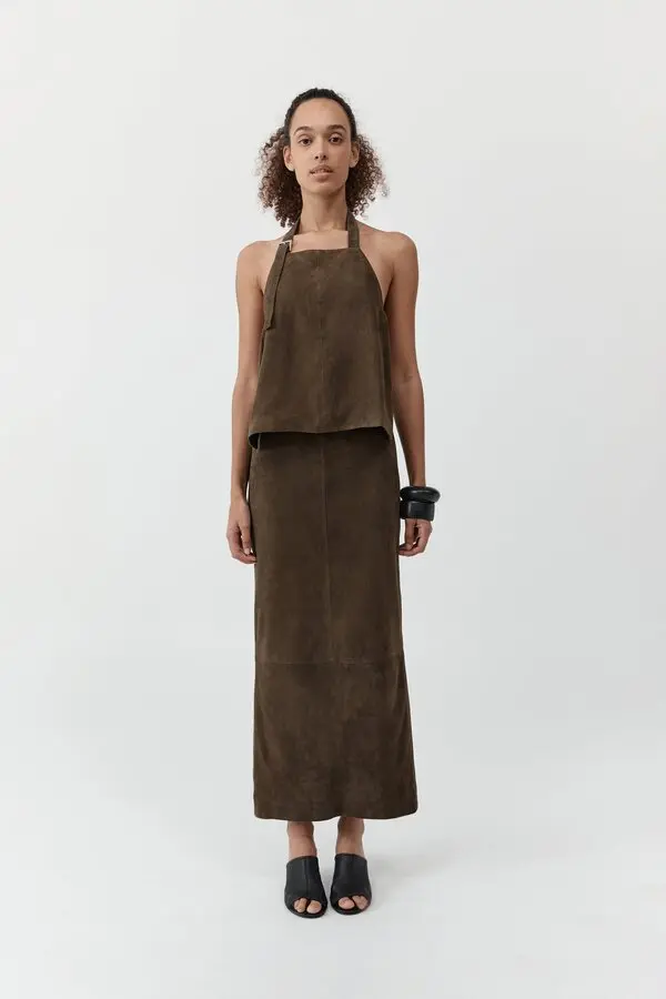 ST. AGNI Suede Column Skirt - Khaki