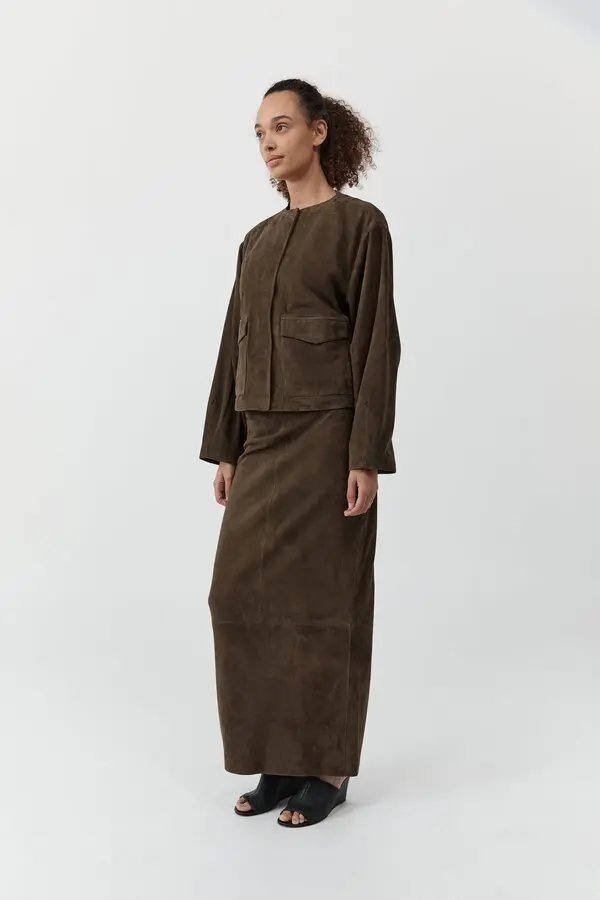 ST. AGNI Suede Column Skirt - Khaki